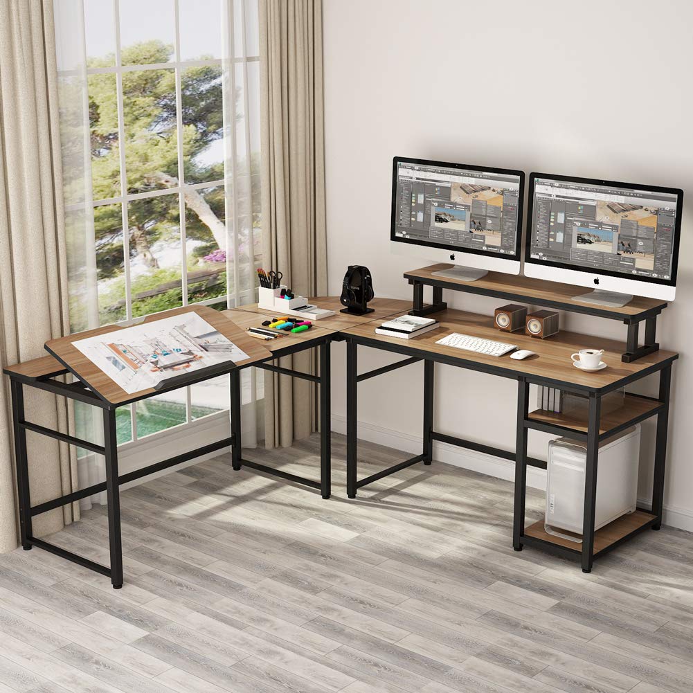 Tribesigns L-Shaped Computer Desk with Monitor Stand Riser, 70.8 inches Corner Computer Desk Study Writing Workstation Drafting Table with Tiltable Drawing Board for Home Office Use, Oak
