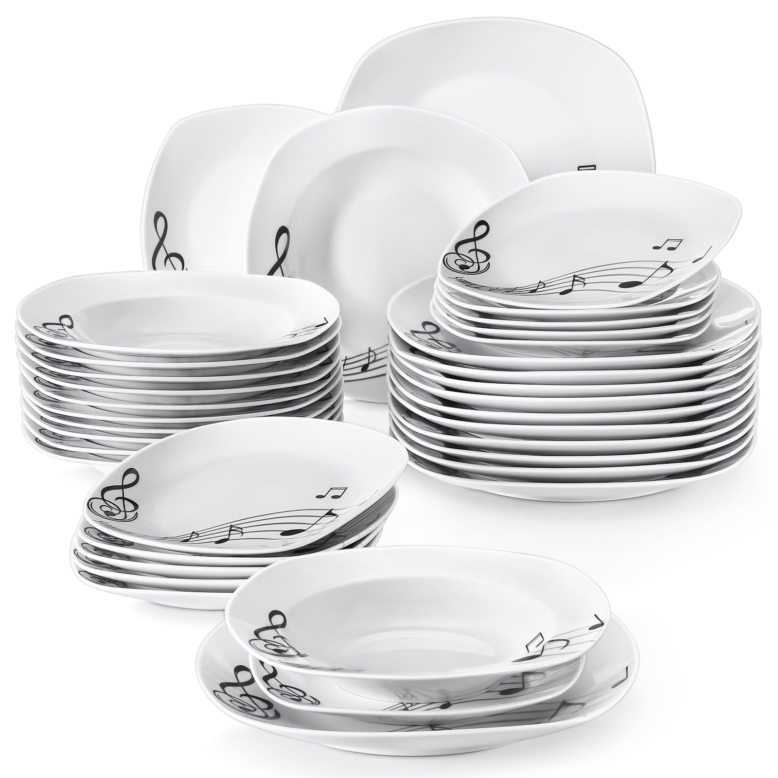 VEWEET Porcelain Dinnerware Sets, 36-Piece Square Musical Note Patterns Plate Sets with Dinner Plate, Soup Plate, Dessert Plate, Service for 12, MELODY Series