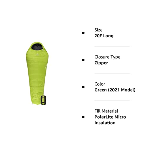 TETON Sports Leef Mummy Sleeping Bag - Lightweight Sleeping Bag for Backpacking, Camping, and Hiking - Cold-Weather Sleeping Bag - Camping Accessory with Drawstring Compression Sack - Long 20℉, Green