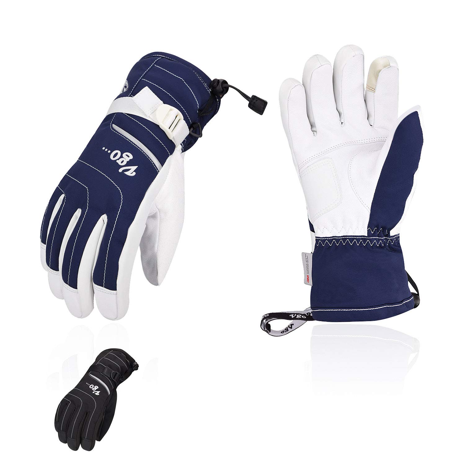 Vgo... 2-Pairs Winter Warm Ski Gloves for Men -20℃/-4°F or Above Waterproof Coldproof Touchscreen Snow Outdoor Goatskin Leather Gloves(Size M,Black&Blue,SF-CA2444FW)