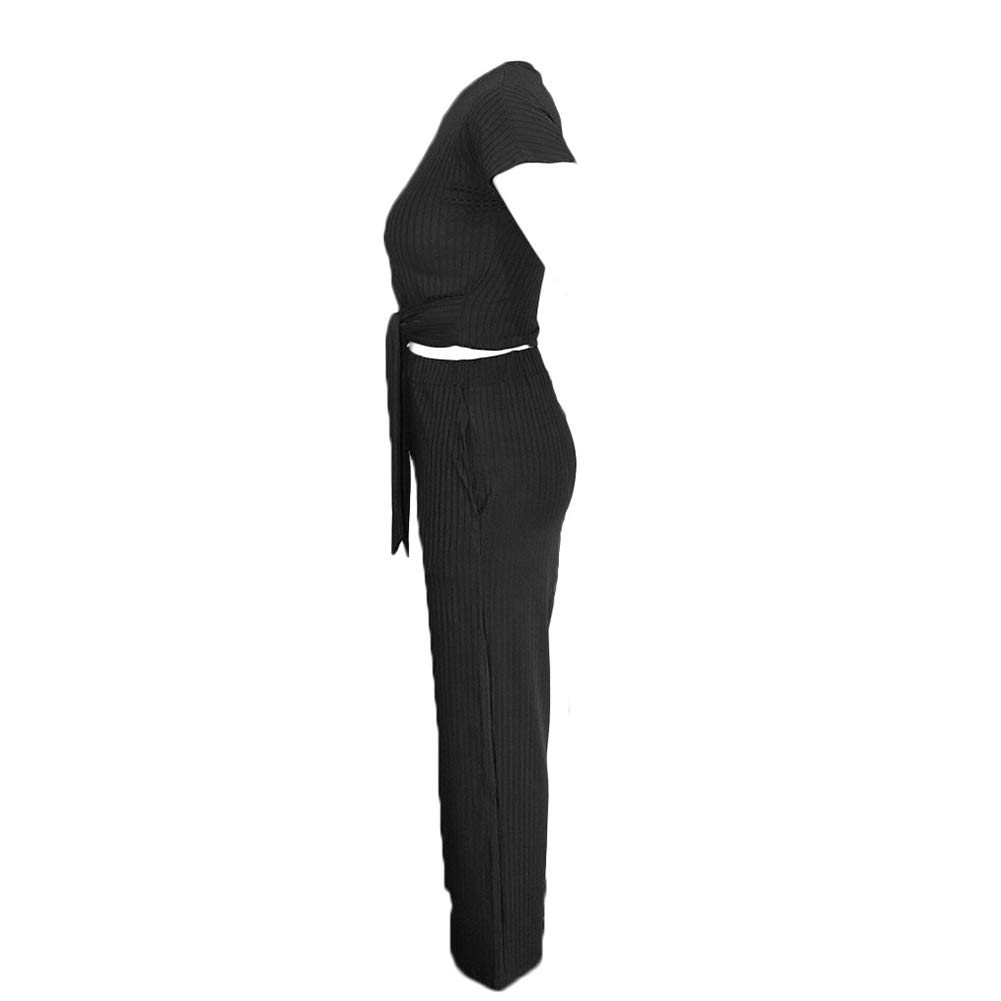 Women's 2 Piece Outfits Short Sleeve Crop Top High Waist Wide Leg Pants Set Sweater Jumpsuits Black S