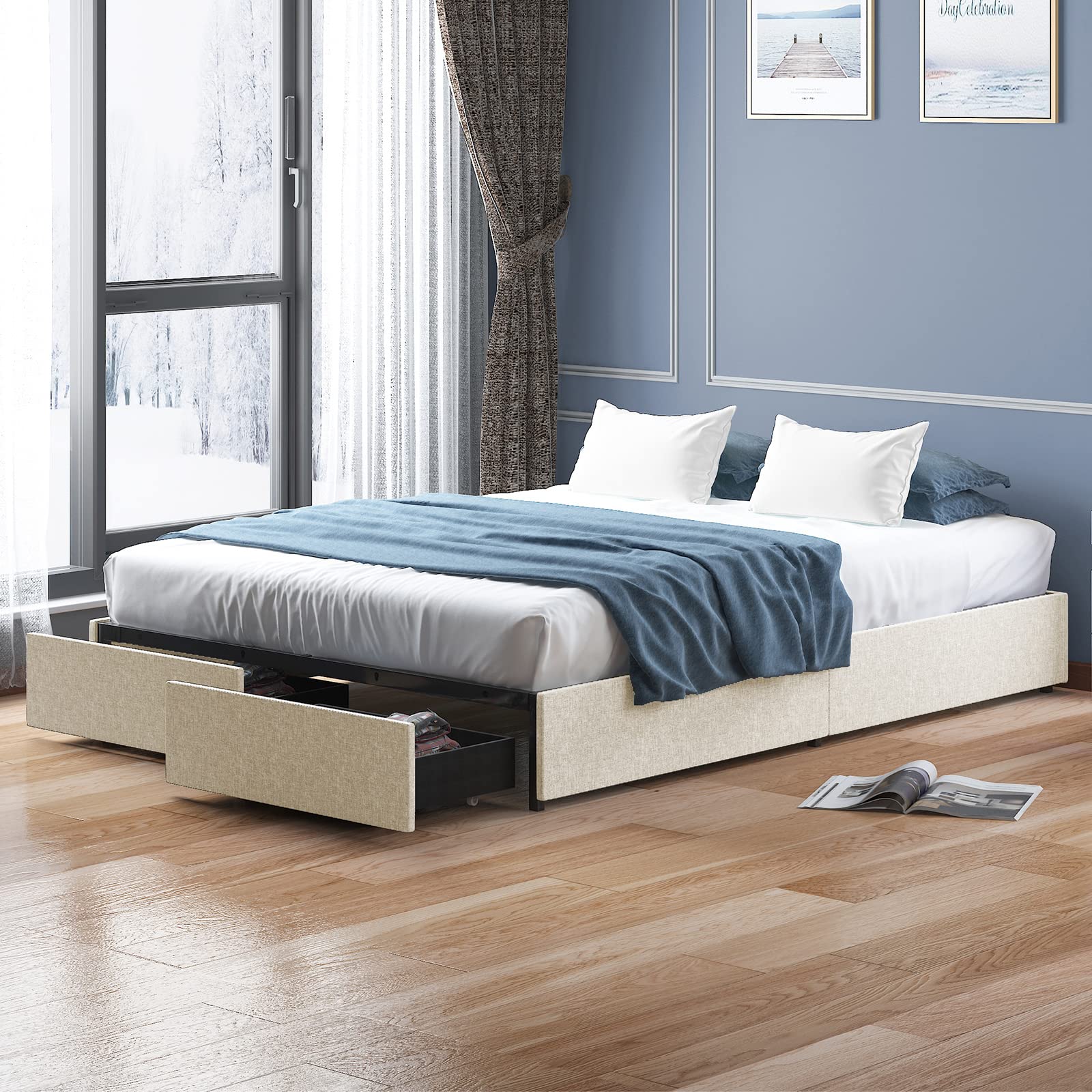 ZAFLY Cal King Size Bed Frame with Storage Drawers, Wood Slat Support Bed Frame, Linen Fabric Upholstered Platform Bed, Bed Frame with Large Storage Space Beige