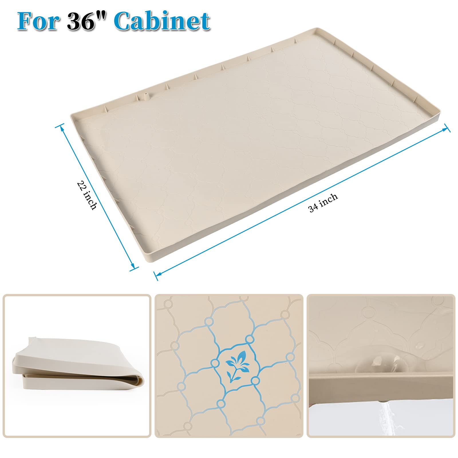 Under Sink Mat for Kitchen Waterproof, 34" x 22" Undersink Mats for Bottom of Bathroom Sink with Drain Hole, Waterproof Kitchen Bathroom Under Sink Tray and Protector for Drips Leaks Spills, Beige