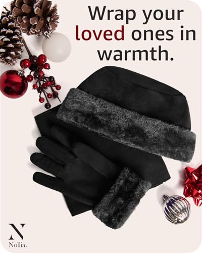 Women's Warm Fleece Hat Scarf and Glove Matching Set - Fur Trim Gift Set