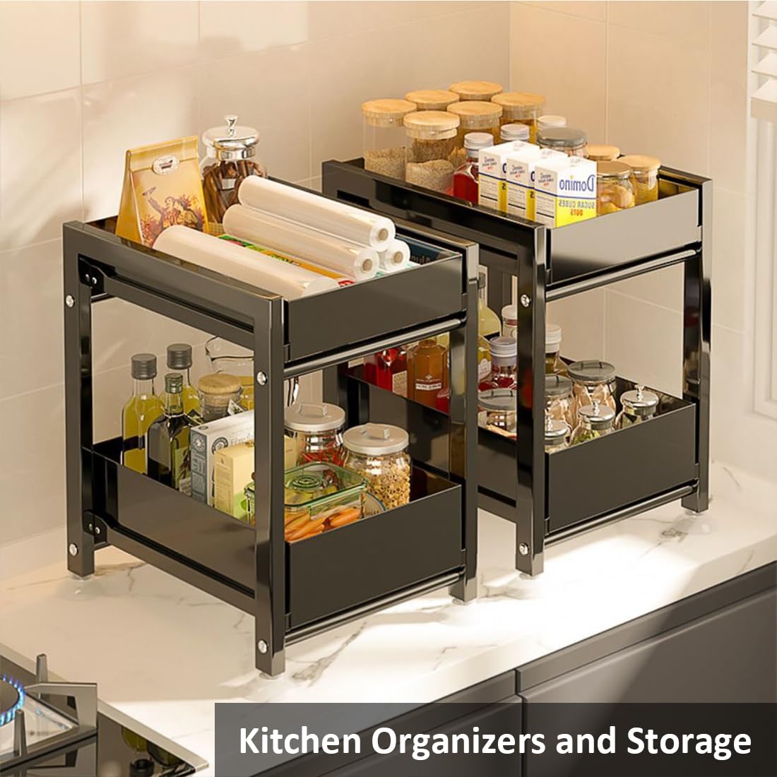 Under Sink Organizer and Storage - PFDHQS Upgraded All Metal, 2 Layers Pull-Out, Large Capacity - Ideal for Bathroom and Kitchen Cabinet Organization and Storage (Black-1Piece)