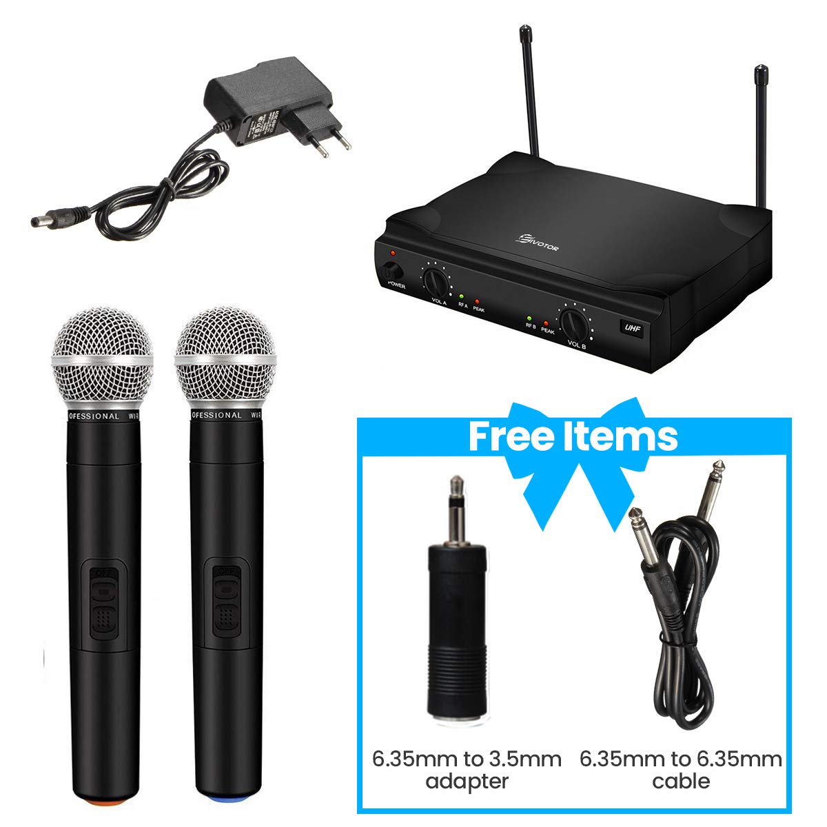 VHF Wireless Microphone System, Dual Channel Handheld Wireless Microphone with Professional Karaoke Receiver and 2 Handheld Dynamic Mics Set, for Home Party, KTV, Business Meeting, Wedding, Church