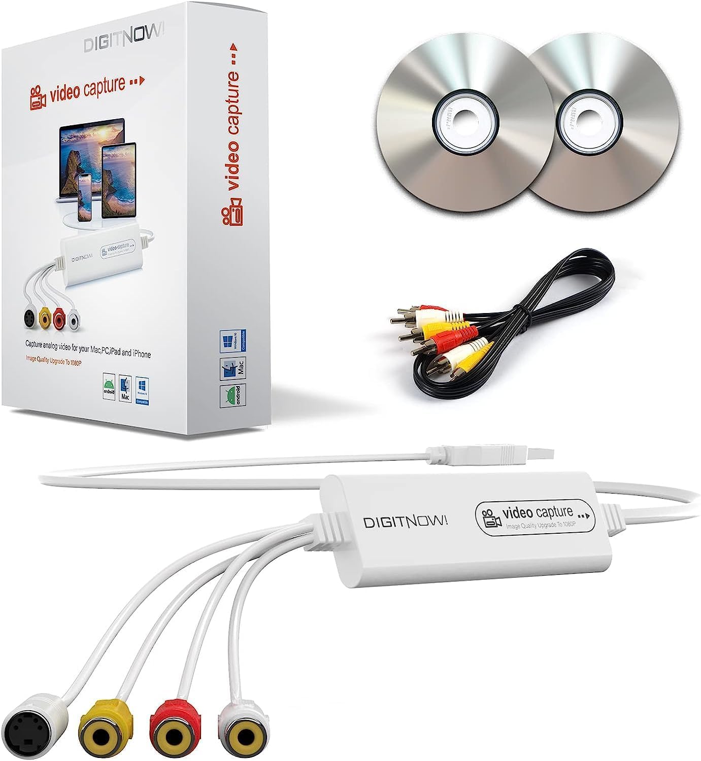 VHS TO Digital Converter, USB Video Capture Card, Video Capture Device, RCA TO USB Converter,Convert VHS VCR Hi8 Mini DV to Digital/DVD,For Tape Player Camcorder Camera PC TV,Windows Mac OS Compatible