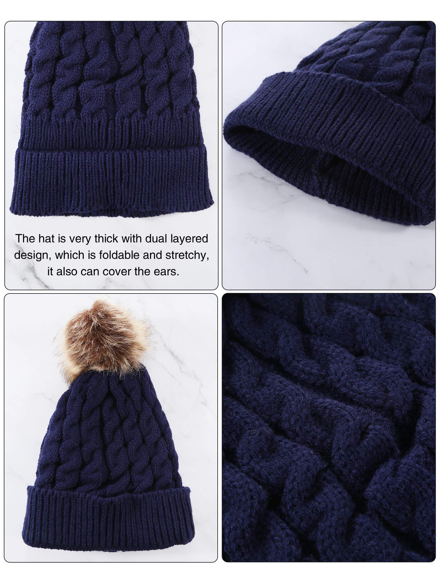 Women's Winter Knitted Beanie Hat with Faux Fur Pom Slouchy Hat and Full Finger Knitted Gloves (Navy Blue Hat)