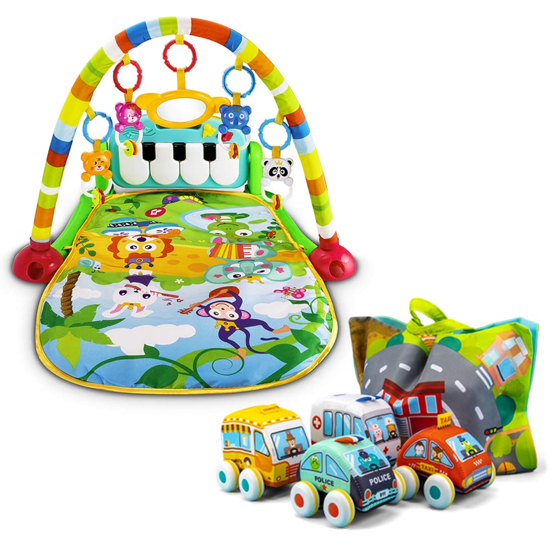 UNIH Baby Activity Gym Rack Piano Fitness Playmat & Pull-Back Vehicle Soft Toys with Play Mat