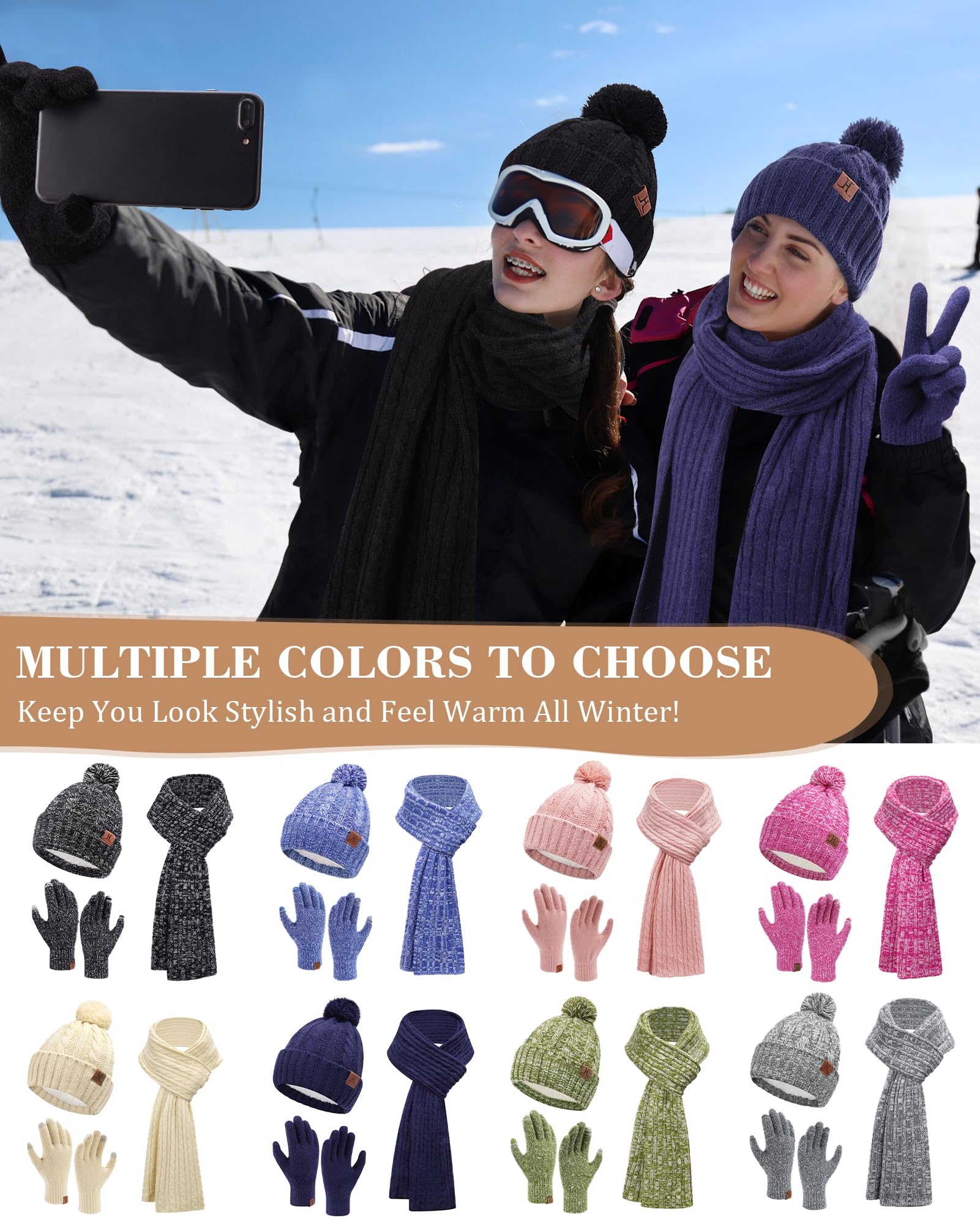 Womens Winter Warm Beanie Hat Touchscreen Gloves Long Scarf Set Ribbed Cable Knit with Fleece Lined Skull Pom Caps