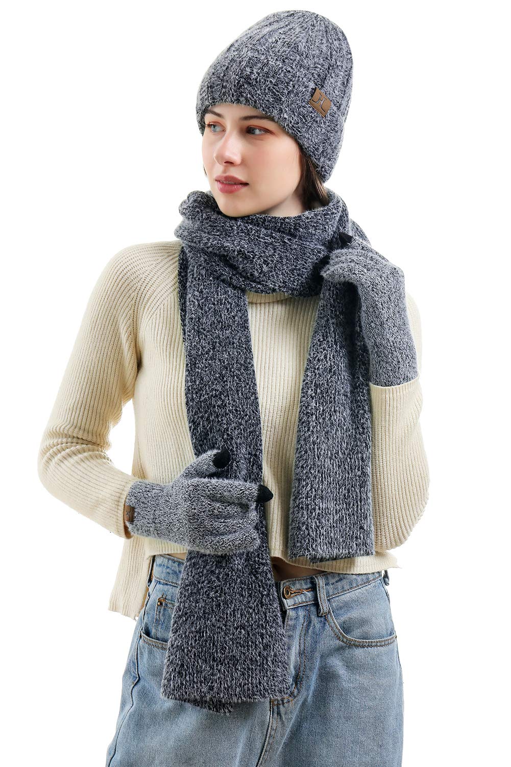 Womens Winter Warm Knit Beanie Hat Touchscreen Gloves Long Neck Scarf Set with Fleece Lined Skull Caps Gifts for Women Men