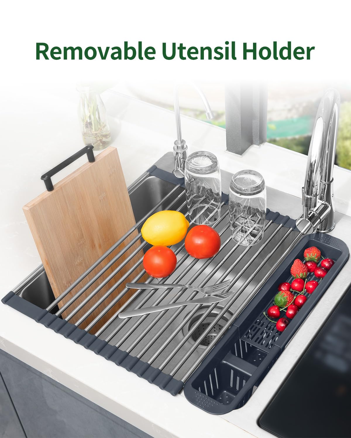 TREANY Expandable Roll Up Dish Drying Rack with Utensil Holder,Over The Sink Dish Drainer,304 Stainless Steel,Multipurpose,Best Gadget for Many Kitchen Task (14.5'' x 22.3'', Black)