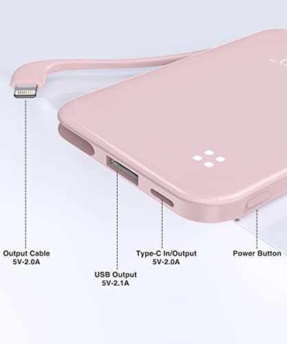 TG90 4500mah Small Portable Power Bank Built-in Cable, Ultra Slim Portable Cell Phone Battery Pack Charger Compatible with iPhone 14/14 Pro/13/13 Pro Max/12/12 Pro Max/11/11 Pro Max/X/XS/SE/8 and More