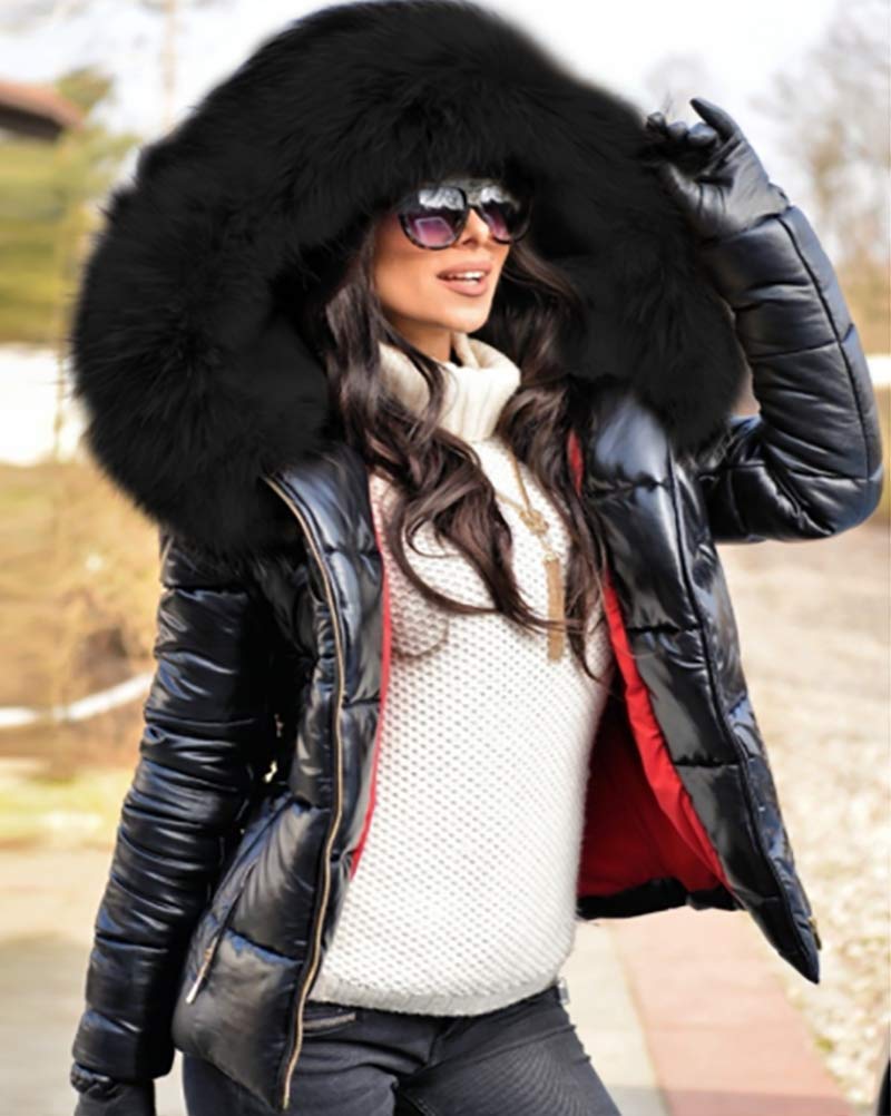 tiptupu Women's Winter Thicken Coat Lightweight Short Down Jacket Quilted Parka with Fur Hood (as1, alpha, m, regular, regular, Black Black)