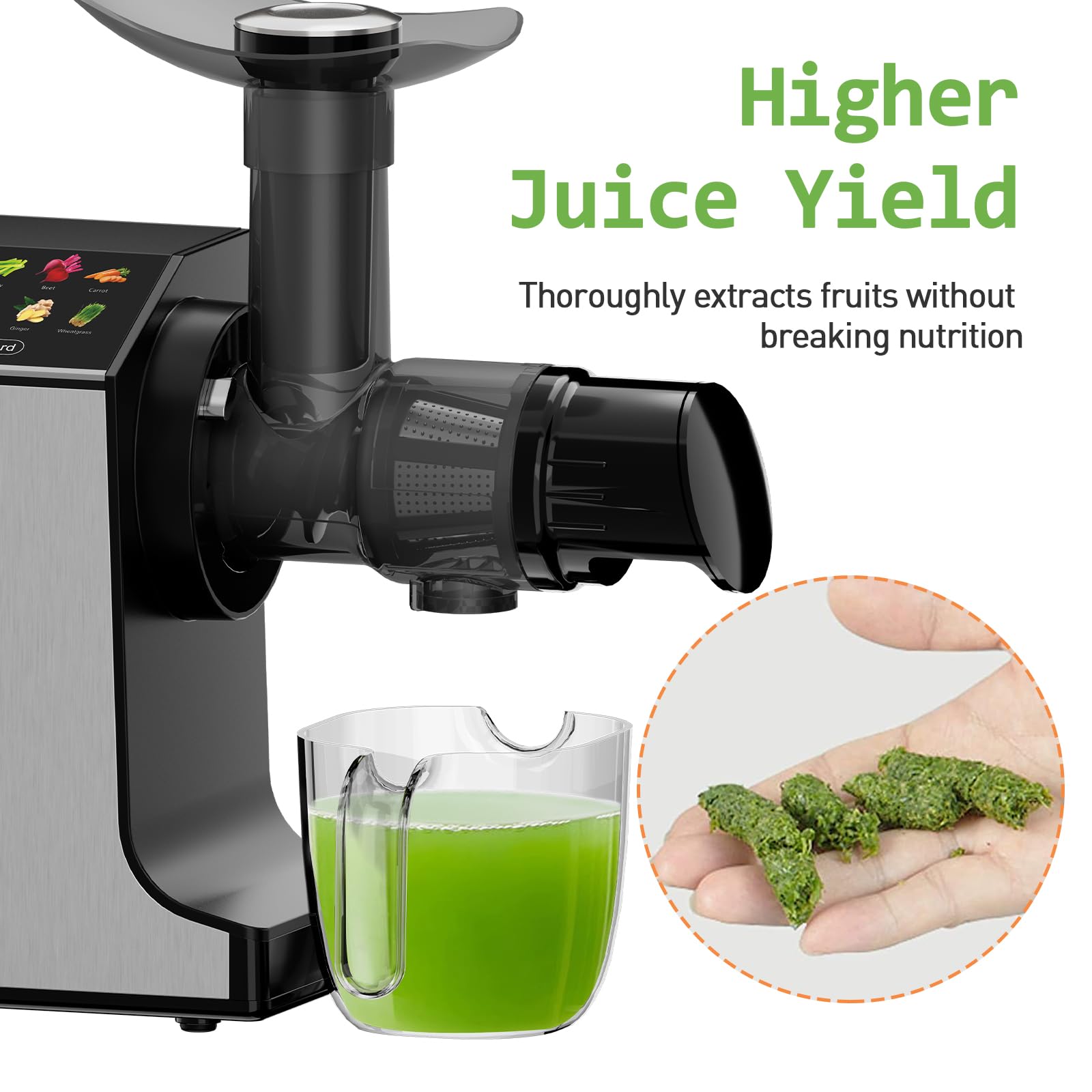 whall Masticating Slow Juicer, Professional Stainless Juicer Machines for Vegetable and Fruit, Touchscreen Cold Press Juicer with 2 Speed Modes