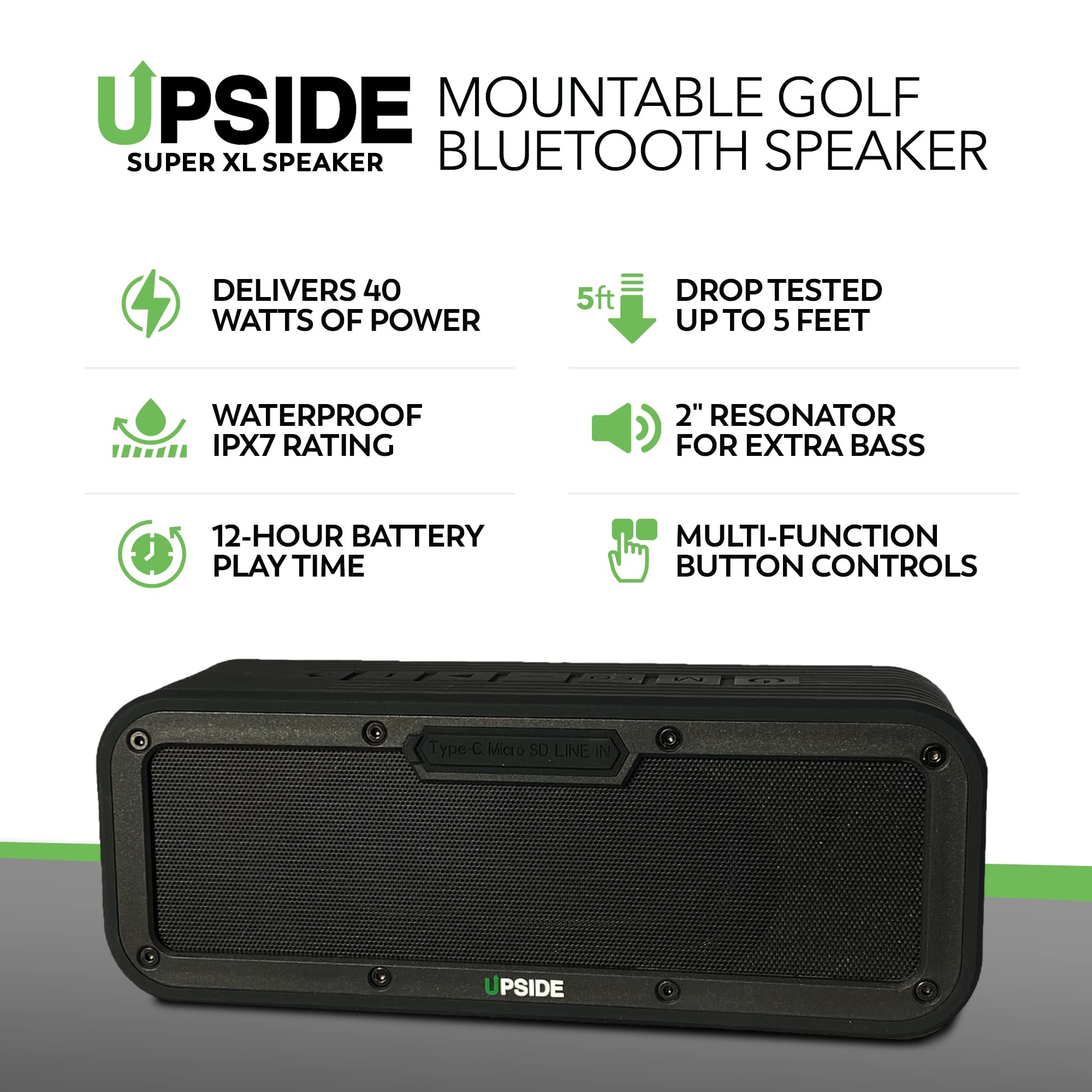 Upside Golf X7 Magnetic Bluetooth Golf Cart Speaker, 200+ Foot Range, 15W, Portable, Waterproof, with 15 HR Rechargeable Battery