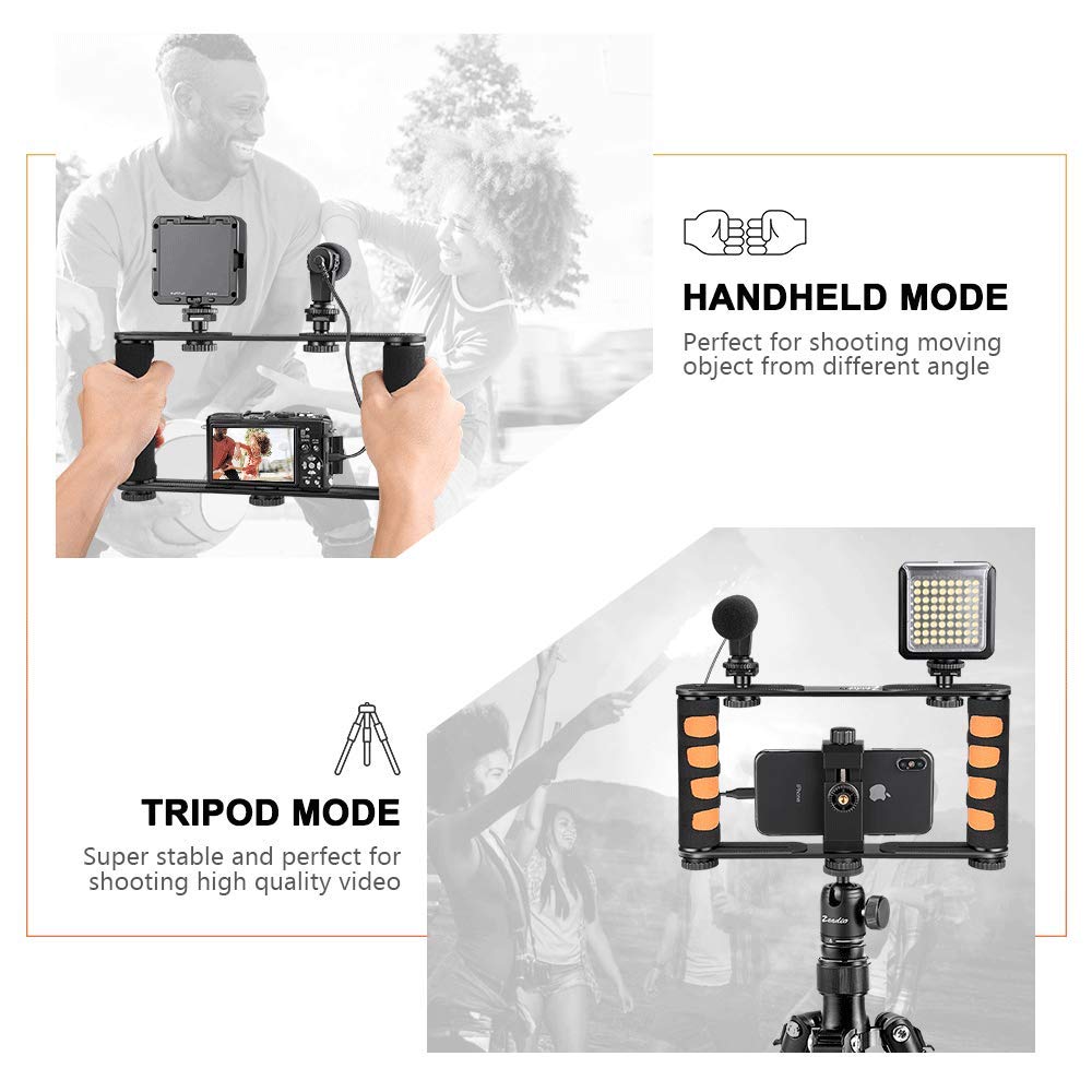 Zeadio Metal Adjustable Video Rig, Handle Grip Stabilizer, Fits for All iPhone and Android Smartphones Action Camera Compact Camera