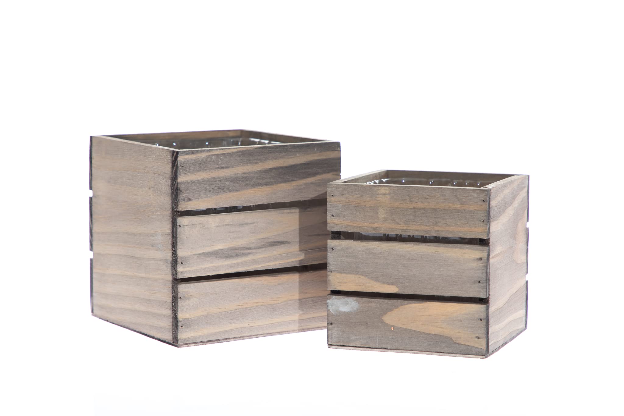 Wood Planter Box with Wine Crate Styled, 5 Inch Square, Rustic Barn Wood, Plastic Liner, Wedding Flowers Holder, Home and Venue Decor, (5x5 Wine Crate Set of 4)
