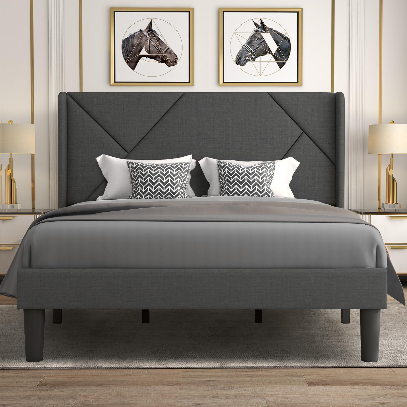 wOod-it King Size Upholstered Platform Bed Frame with Fabric Wingback Headboard/12 Solid Wooden Slats/Non-Slip and Noise-Free/No Box Spring Needed/Easy Assembly (Dark Grey)