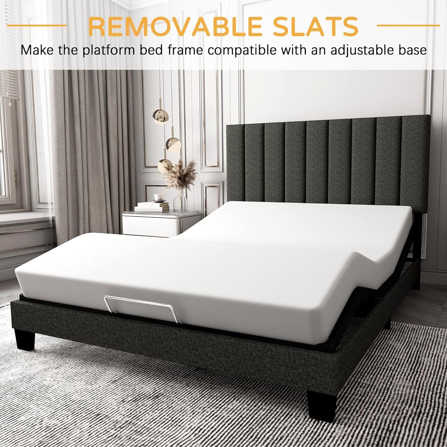 wOod-it Queen Size Upholstered Platform Bed Frame with Adjustable Height Headboard/12 Solid Wooden Slats/Non-Slip and Noise-Free/No Box Spring Needed/Easy Assembly (Dark Grey)
