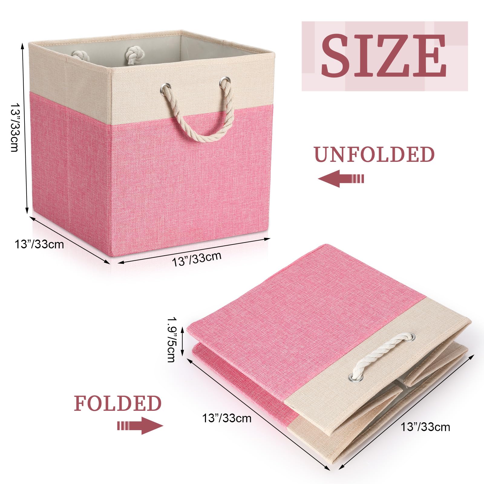 Windyun 6 Pcs Fabric Linen Storage Basket Cube Cloth Large Storage Bin with Handles 13 x 13 x 13 Inch Collapsible Storage Cube Box for Organizing, Shelves, Closet, Home and Office, White and Pink