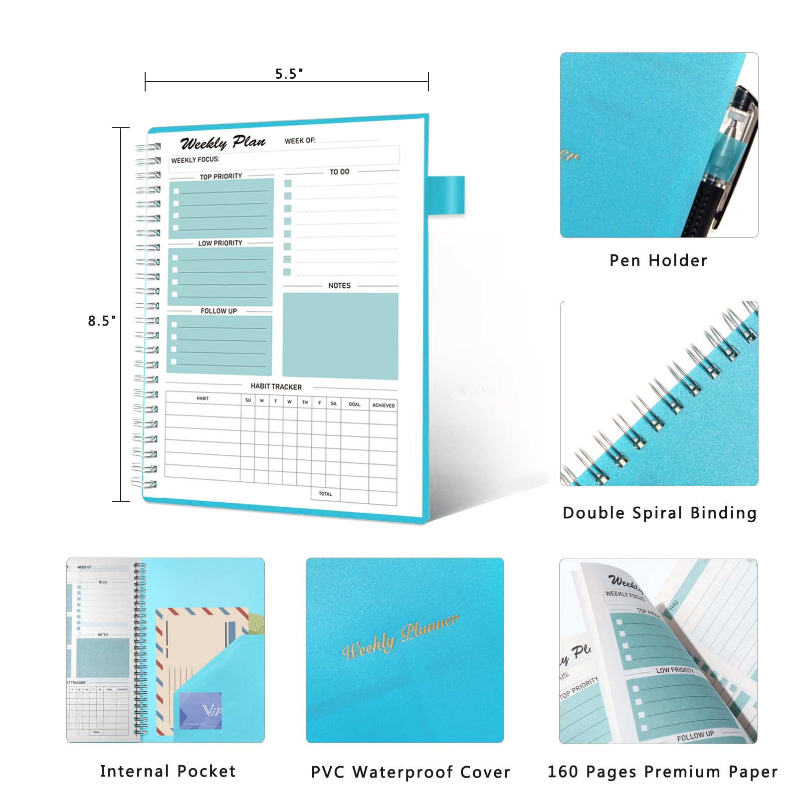 Weekly Planner Undated,Weekly Schedule Planner Notebook,Weekly Goal Planner for Personal Life and Business Office,Spiral Binding Organizer Tracker Planner with Pocket,Pen Holder,80 Weeks,5.5x8.5"