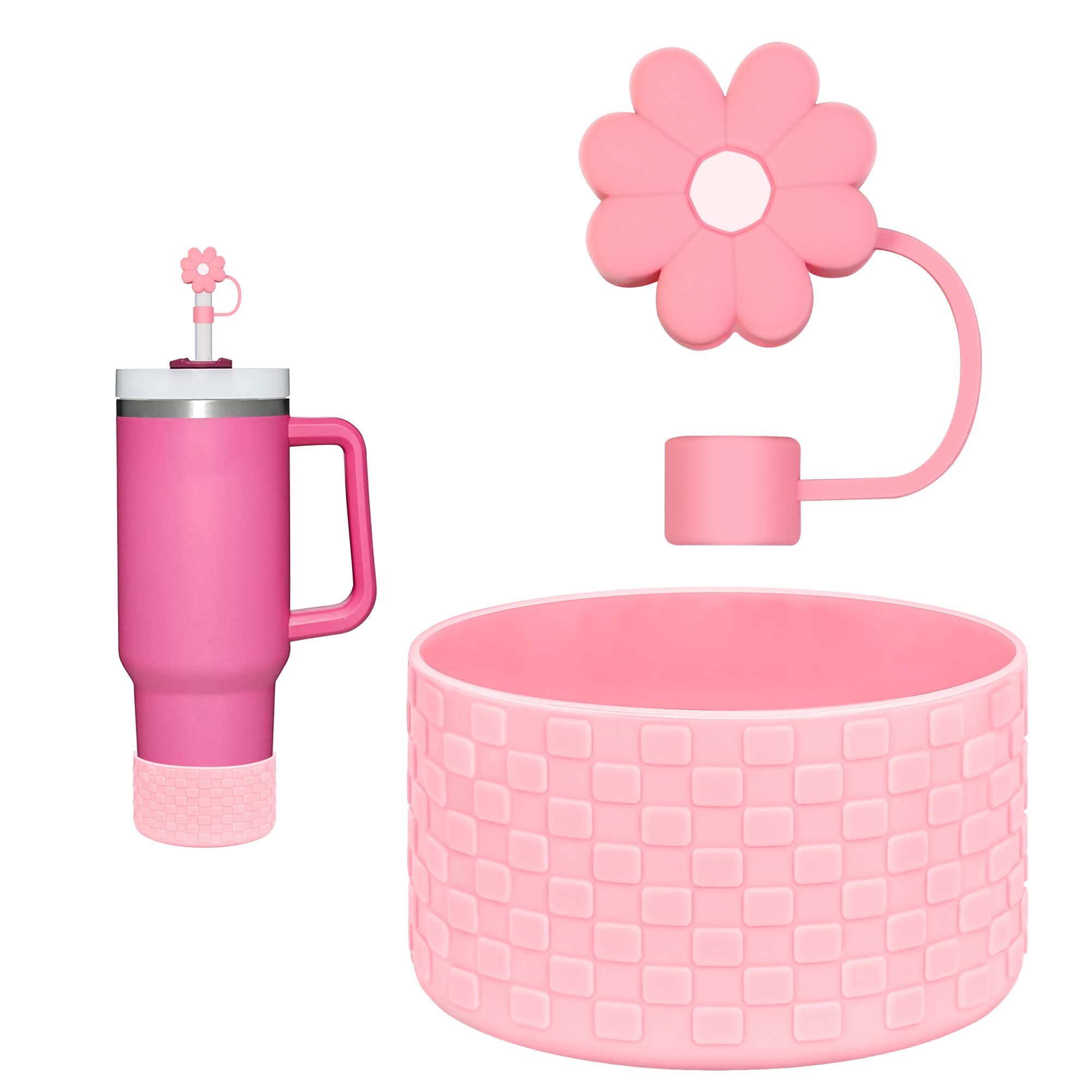 UBEEKOO Tumbler Cup Boot and Straw Covers Cap, Compatible with Stanley Tumbler 30/40oz, Including 1 Protective Silicone Boot and 1 Straw Toppers,Pink White Daisy 10mm