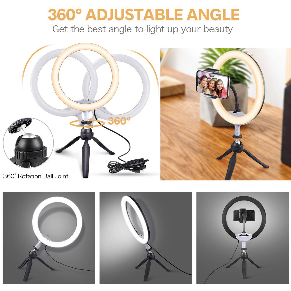 UBeesize 10" LED Ring Light with Tripod Stand & Phone Holder, Dimmable Desk Makeup Ring Light, Perfect for Live Streaming, YouTube Videos, and Photography, 3 Light Modes and 11 Brightness Levels