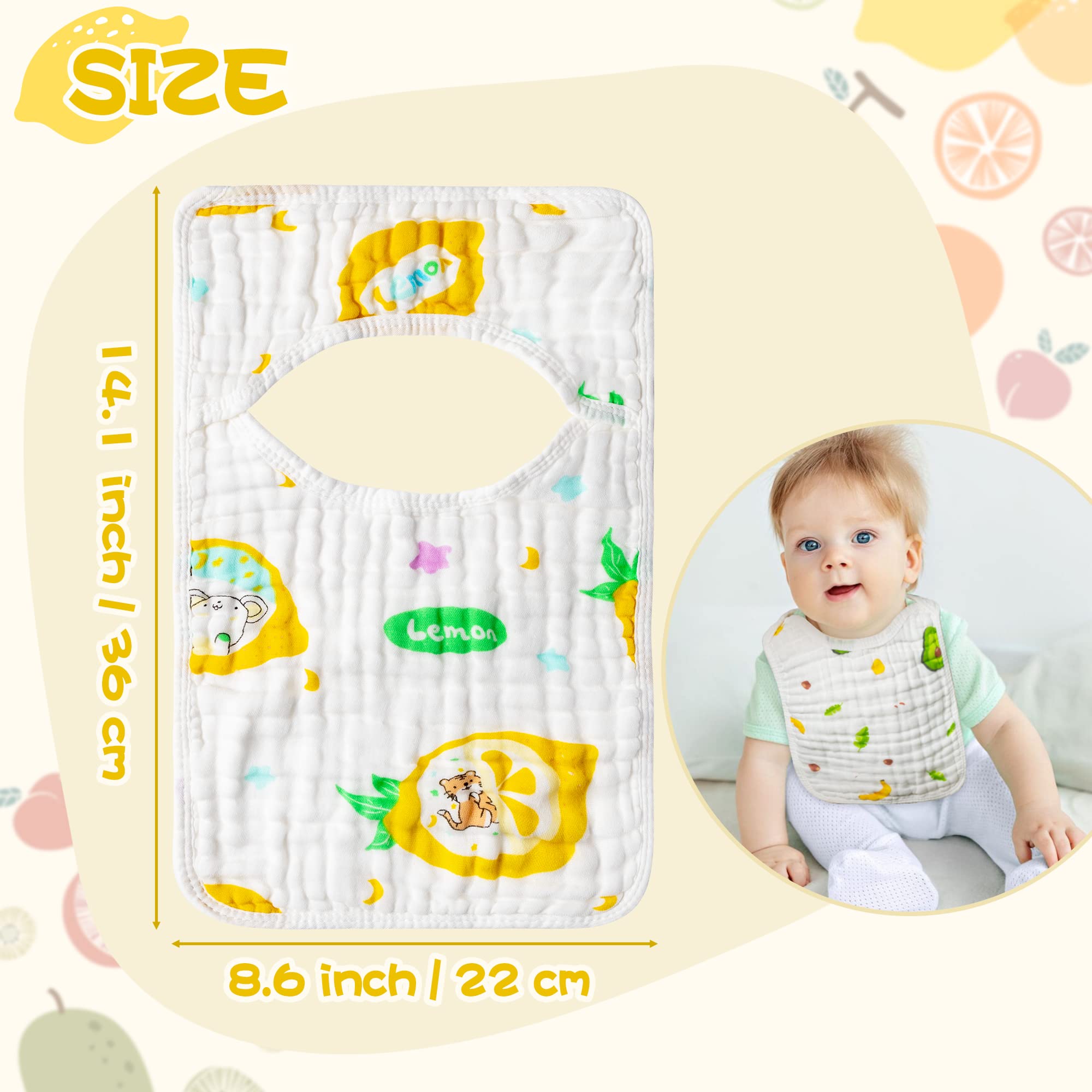 Zainpe 5Pcs Muslin Baby Bibs Banana Lemon Strawberry Pattern Cotton Lap-Shoulder Cloths Drool Bibs Machine Washable Feeding Bib with 6 Absorbent & Soft Layers for Unisex Infants Toddlers Newborns