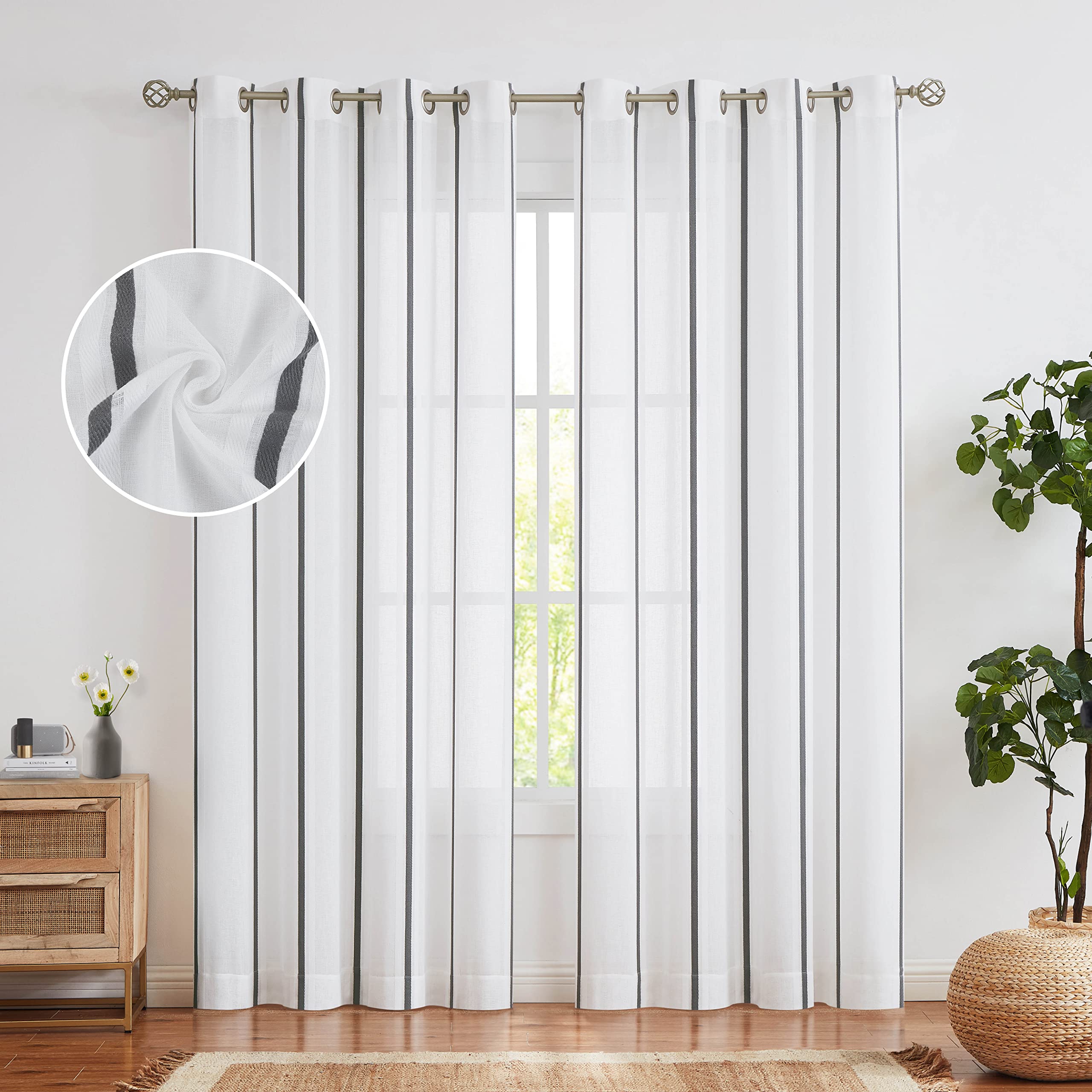 WEST LAKE Stripe Linen Sheer Curtain Grommets Top Pinstripes Rustic Farmhouse Semi Sheer Window Treatment Sets for Dining, Living Room, Bedroom, Gray and White Stripe, 52''x84'', 2 Pieces