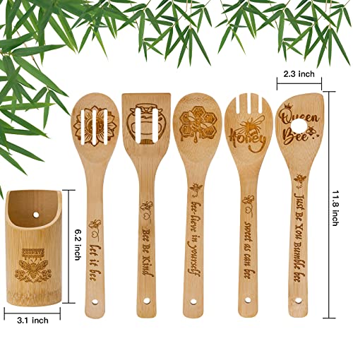 Wooden Spoons for Cooking, Funny Inspired Quotes Laser Engraved Cooking Utensils Set,Kitchen Cooking Supplies, Bamboo Spoon Slotted Kitchen Utensil Fun Gift Idea Housewarming Gift (Bees)
