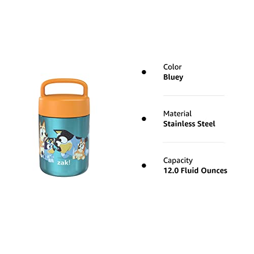 Zak Designs Bluey Kids' Vacuum Insulated Stainless Steel Food Jar with Carry Handle, Thermal Container for Travel Meals and Lunch On the Go (12 oz, 18/8 SS)