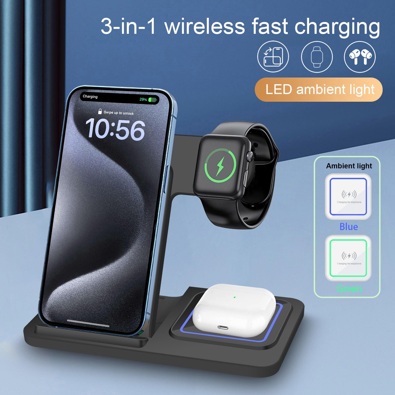 Wireless Charger,VNBBT 3 in 1 Wireless Charging Station Foldable for Apple iPhone/iWatch/Airpods,iPhone 15 14,13,12,11(Pro,Pro Max)/XR/XS/X/8(Plus),iWatch Ultra 9 8 7 6 SE 5 4 AirPods(No Adapter)