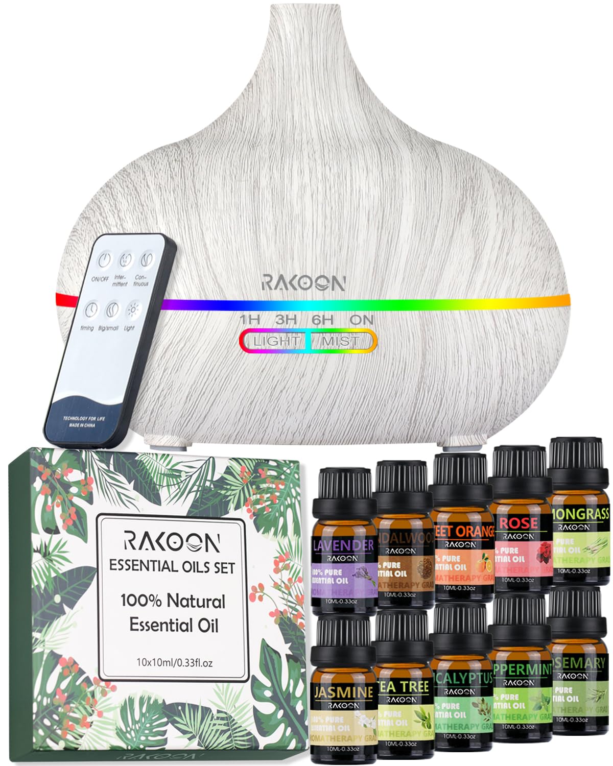 Ultimate Aromatherapy Diffuser & Essential Oil Set, Essential Oil Diffusers for Home with Top 10 Essential Oils, 550ml Air Diffuser for Large Room, 4 Timer & 15 Ambient Light