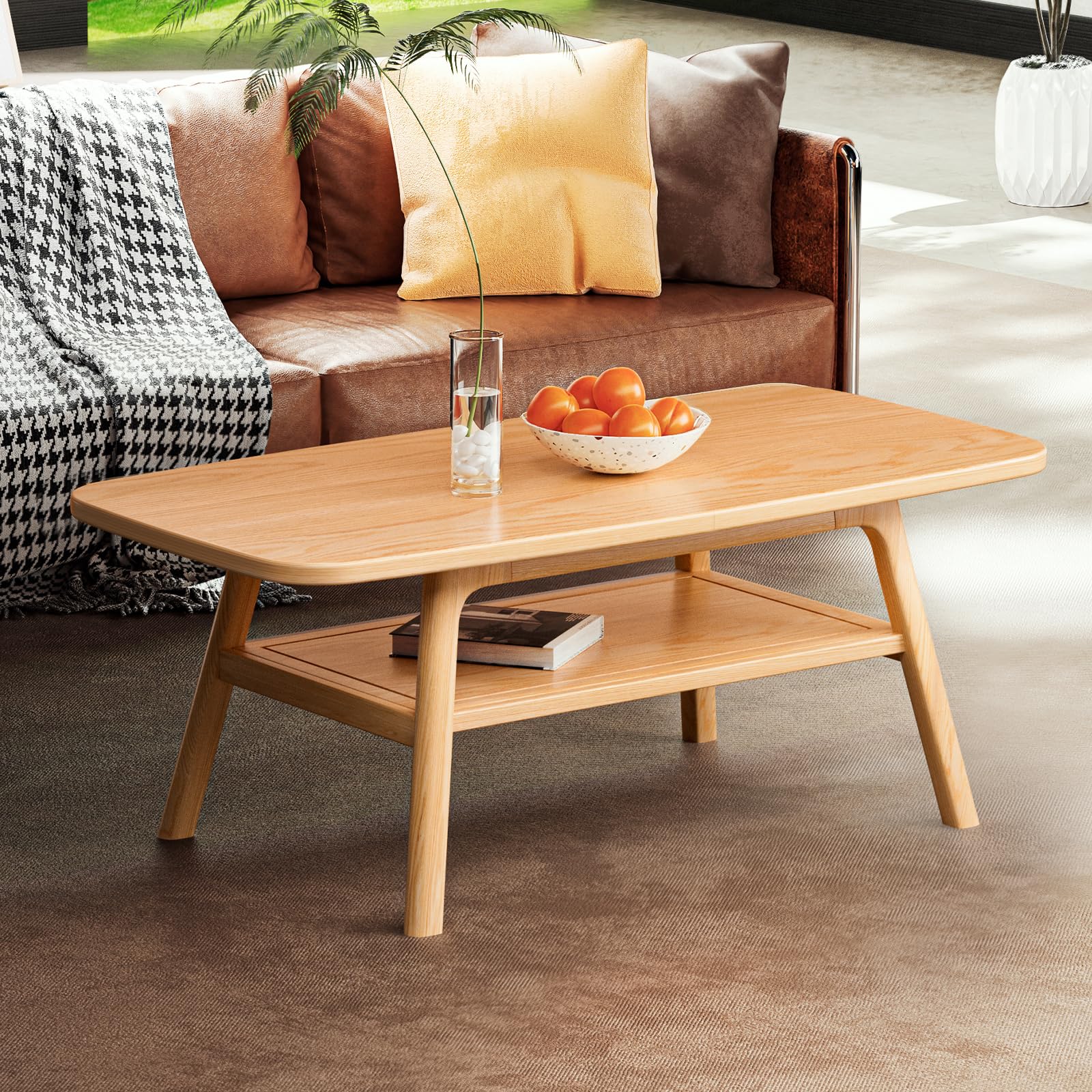 Vadisun 2-Tier Coffee Table with Storage Shelf, Natural Color 100% Solid Wood Table for Living Room, Elegant Furniture for Small Apartment (Natural, 39.37β x 19.69β x 17.32β)