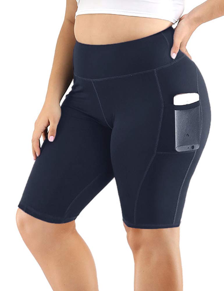 Uoohal Women's Yoga Shorts Plus Size High Waist Workout Biker Active Shorts Tummy Control Side Pockets Dark Blue 4XL
