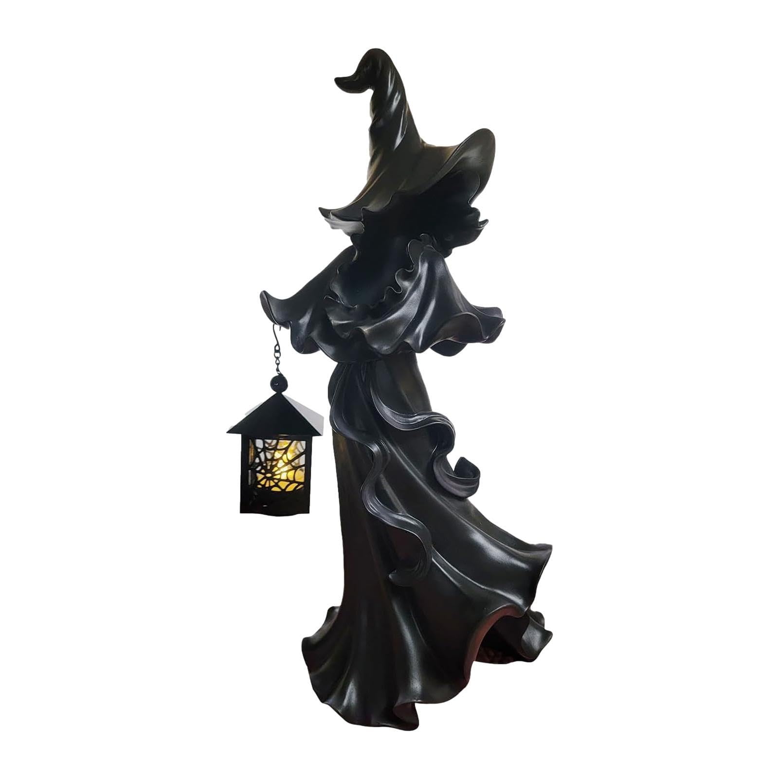 Witch Lantern Ornament - Faceless Ghost Sculpture Halloween Decorations - Vintage Resin Halloween Witch Statues, Cracker Barrel Ghost Witch Messengers with Lantern, Halloween Decor for Home Outside