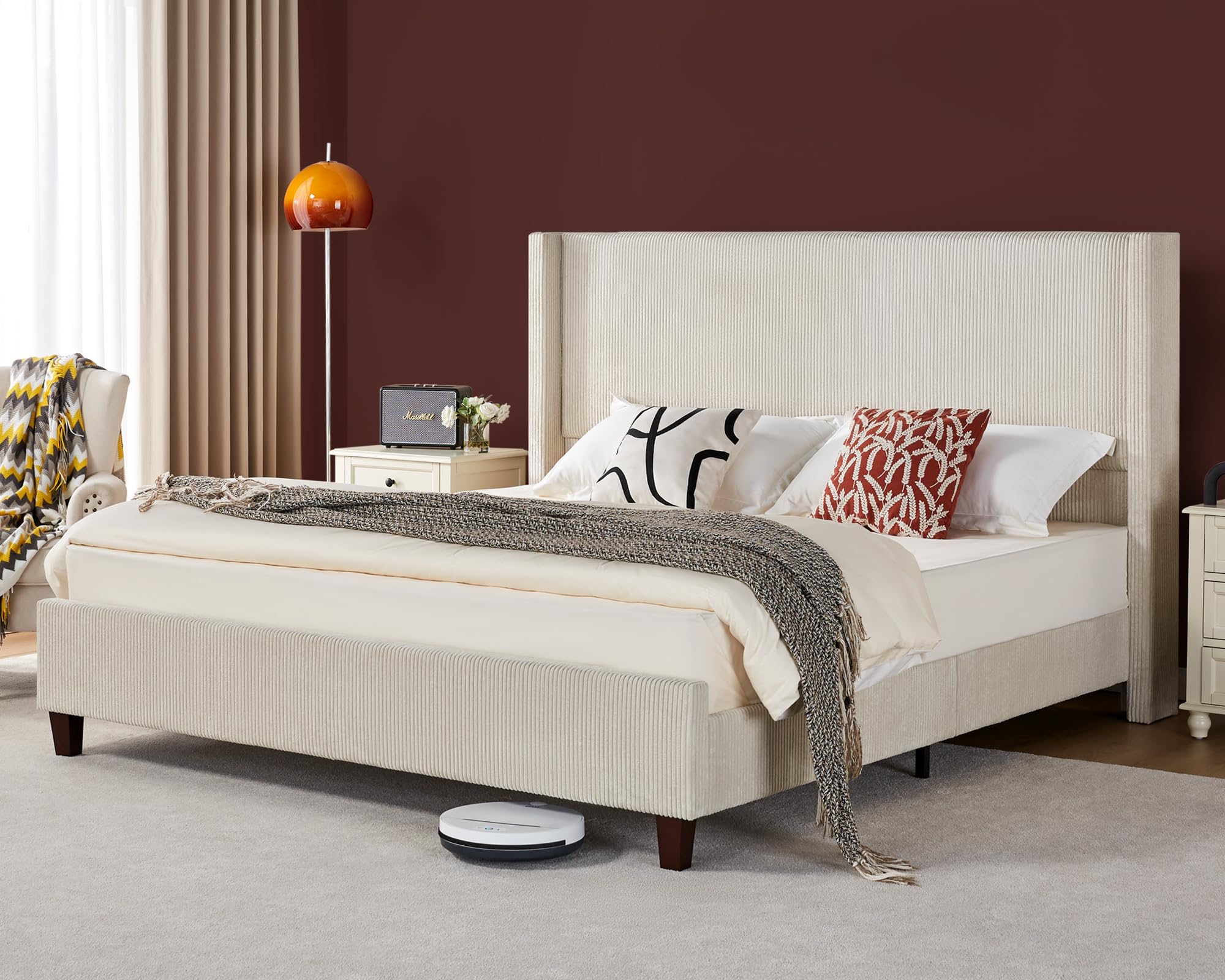 VanAcc King Size Platform Bed Frame, 50.8" Corduroy Upholstered Bed with Vertical Channel Tufted Headboard/Wooden Slats/Wingback/No Box Spring Required/Beige