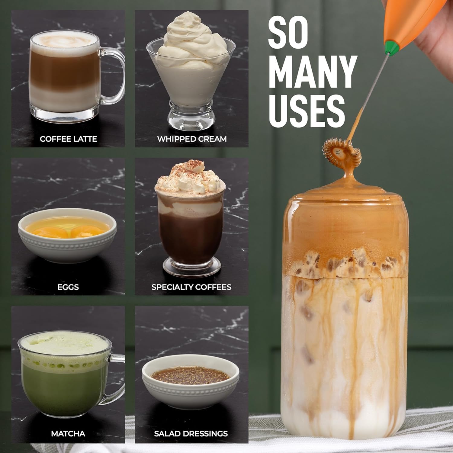 Zulay Powerful Milk Frother Handheld Foam Maker for Lattes - Whisk Drink Mixer for Coffee, Mini Foamer for Cappuccino, Frappe, Matcha, Hot Chocolate by Milk Boss (Orange/Green)