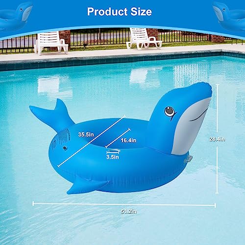 Uekars Inflatable Dolphin Pool Floats with Solar Lights, Dolphin Pool Beach Floaties Pool Tubes Rings with Cup Holder & Handle,Large Summer Water Fun Lounge Raft Swim Tubes with Fast Valves for Adults