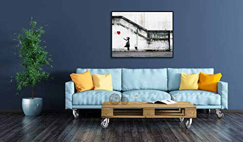 Wieco Art Framed Canvas Wall Art Canvas Prints of Banksy Grafitti Girl with Red Balloon Abstract Artwork for Wall Decor Home Decorations Black Frame
