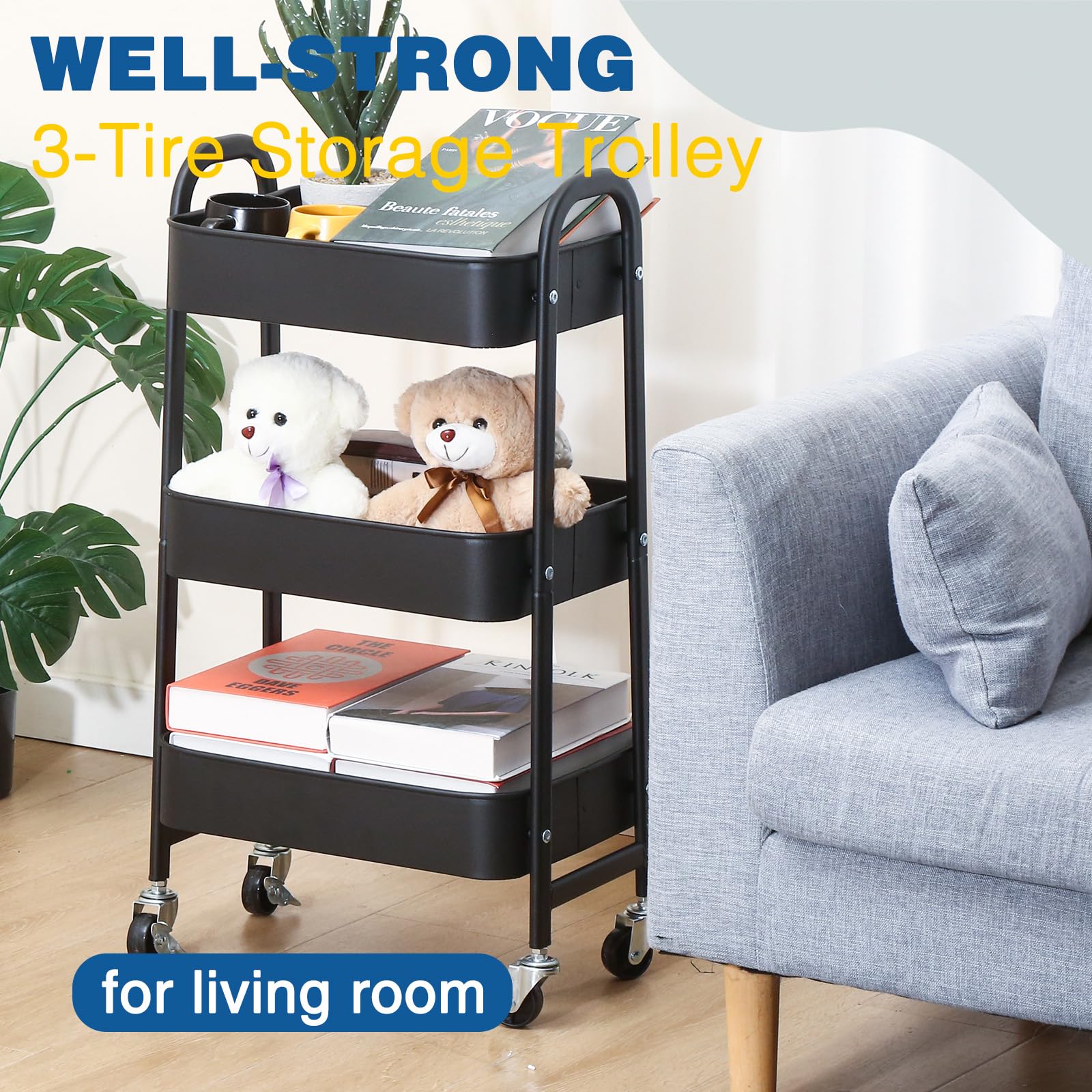 WELL-STRONG Metal Storage Trolley - 3-Tier Rolling Cart with Lockable Wheels - Multi-Purpose Utility Cart with Handle - Mobile Shelving Organizer for Bathroom, Office, Kitchen, Bedroom, Garage Black