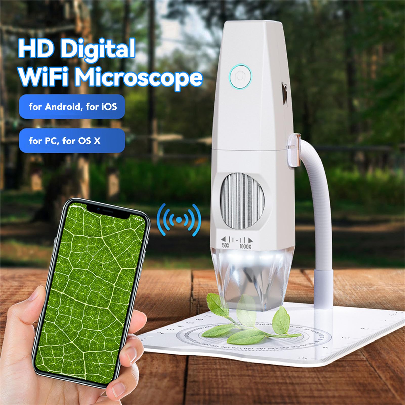 WiFi USB Digital Microscope Digital Magnifier HD 1080P 50X to 1000X Magnification Camera, Built in 8 LED Lights with Stand for Phone PC Notebook(White)