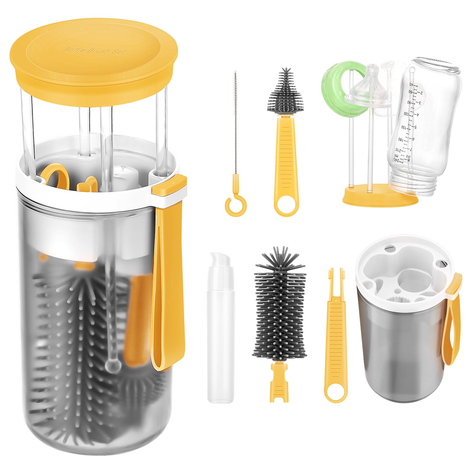 welltop Travel Bottle Cleaner Kit, Portable Baby Bottle Brush Set with Silicone Bottle Cleaning Brush, Built-in Bottle Drying Rack, Nipple Brush, Straw Brush, Bottle Soap Dispenser for Travel Home
