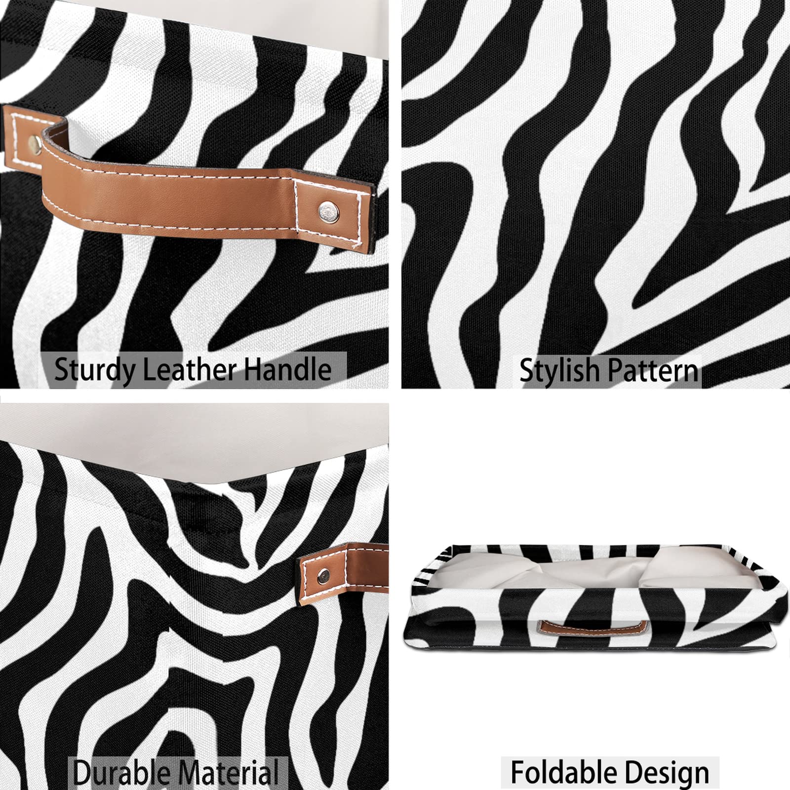 Zebra Print Animal Skin Pattern Storage Basket Bins for Organizing Pantry/Shelves/Office/Girls Room, Leopard Print Storage Cube Box with Handles Collapsible Toys Organizer 13x13
