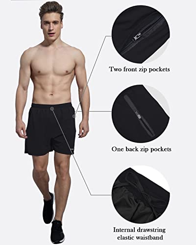 VAYAGER Men's 5 Inch Running Shorts Quick Drying Workout Athletic Performance Shorts with Liner and Zipper Pocket, Black-M