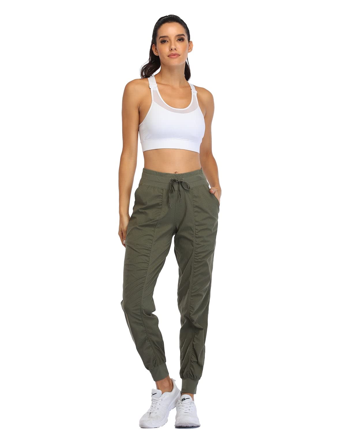 Willit Women's Studio Joggers Hiking Travel Dance Pants Striped Workout Lounge Drawstring Pants with Pockets Army Green S