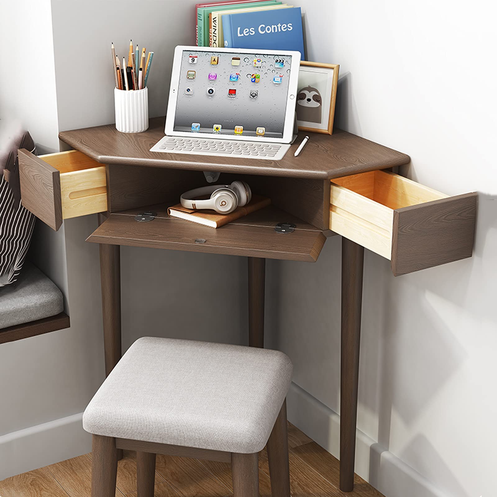 Writing Study Desk, Wooden Corner Desk Rugged Home Desk Study Table with Triangle Table Top Compact Work Desk with 2 Small Drawers and Storage Compartments ,Computer Workstation for Home & Office ( Co