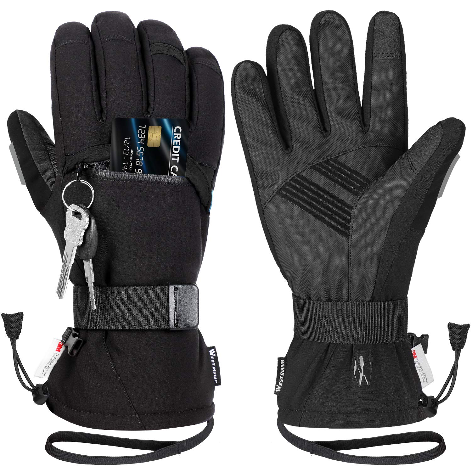 West Biking Gift Winter Ski Gloves 2-in-1 Under Gloves with Separate Liners, 3M Thinsulate Waterproof Touchscreen Warm Snowboard Gloves