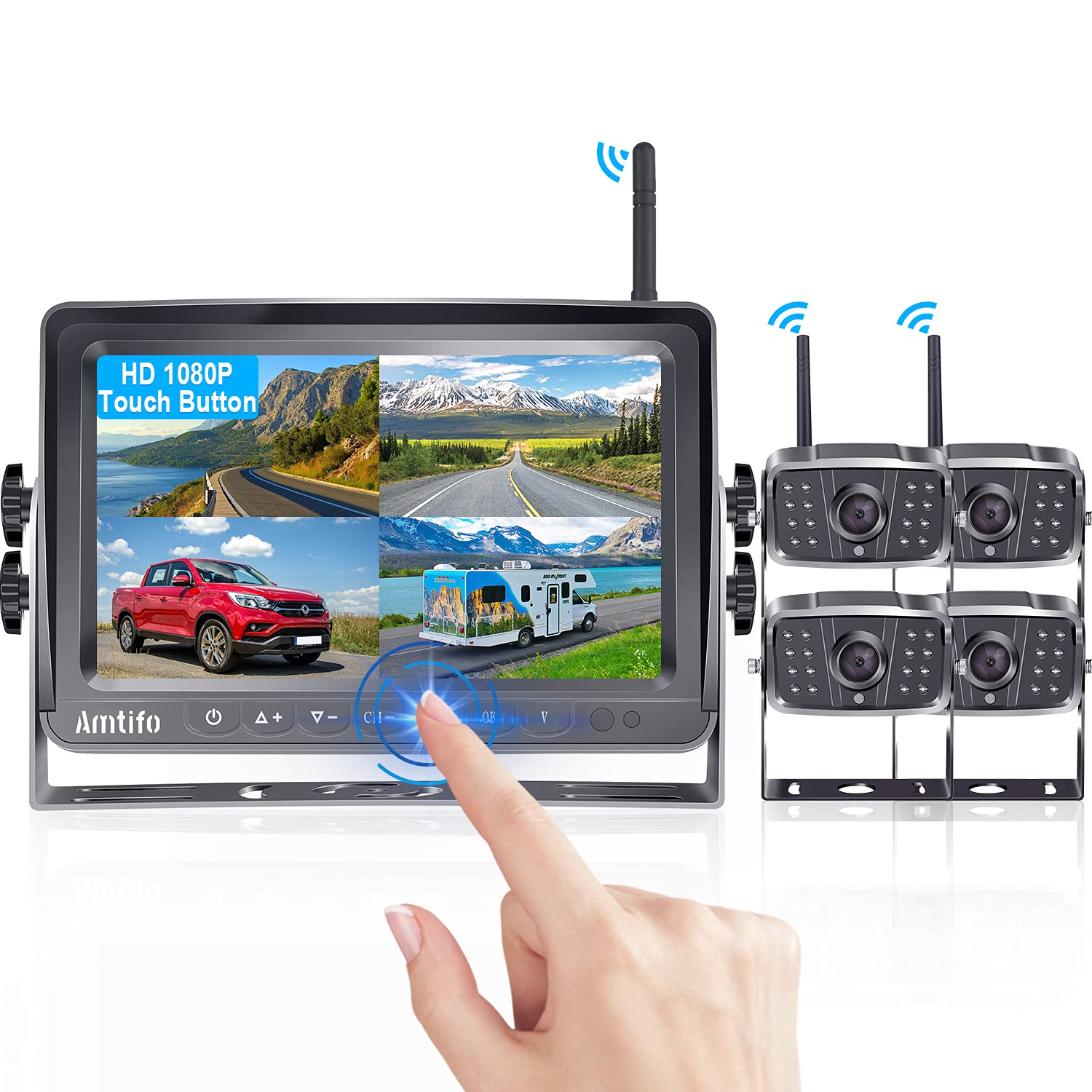 Wireless Backup Camera for RV AMTIFO HD 1080P Wireless 4 Rear View Cameras with 7'' Monitor for RVs/Trailers/5th Wheels/Motorhomes,Digital Signal,150° Wide Angle,IR Night Vision - A4